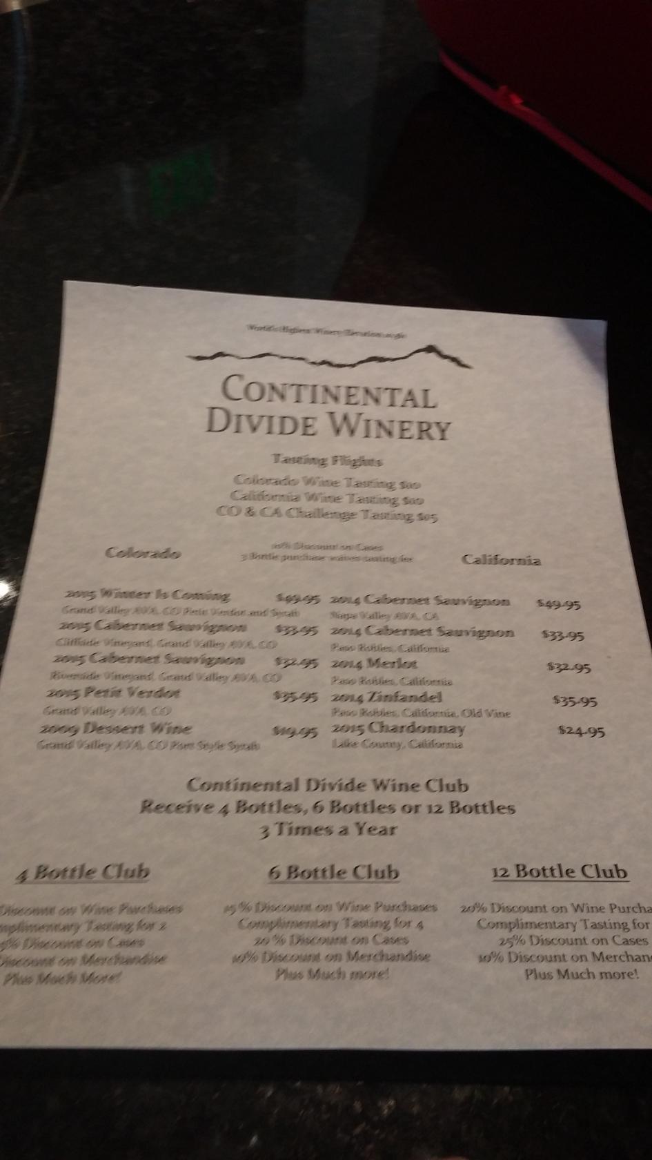 Menu at Continental Divide Winery restaurant, Breckenridge