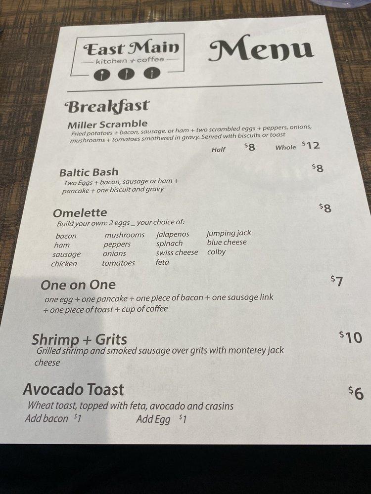 Menu at East Main Kitchen & Coffee restaurant, Baltic