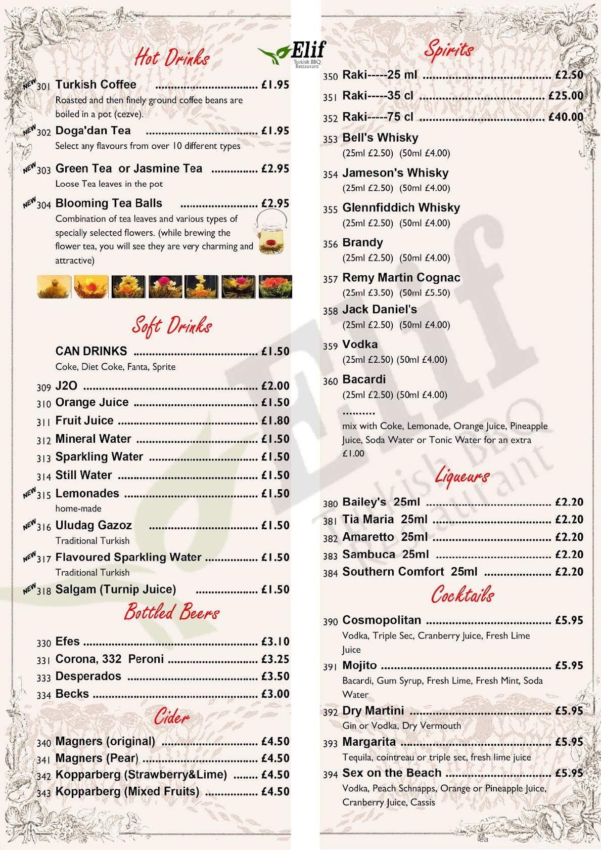 Menu at Elif Restaurant Queens Drive, Liverpool, 138-140 Queens Dr