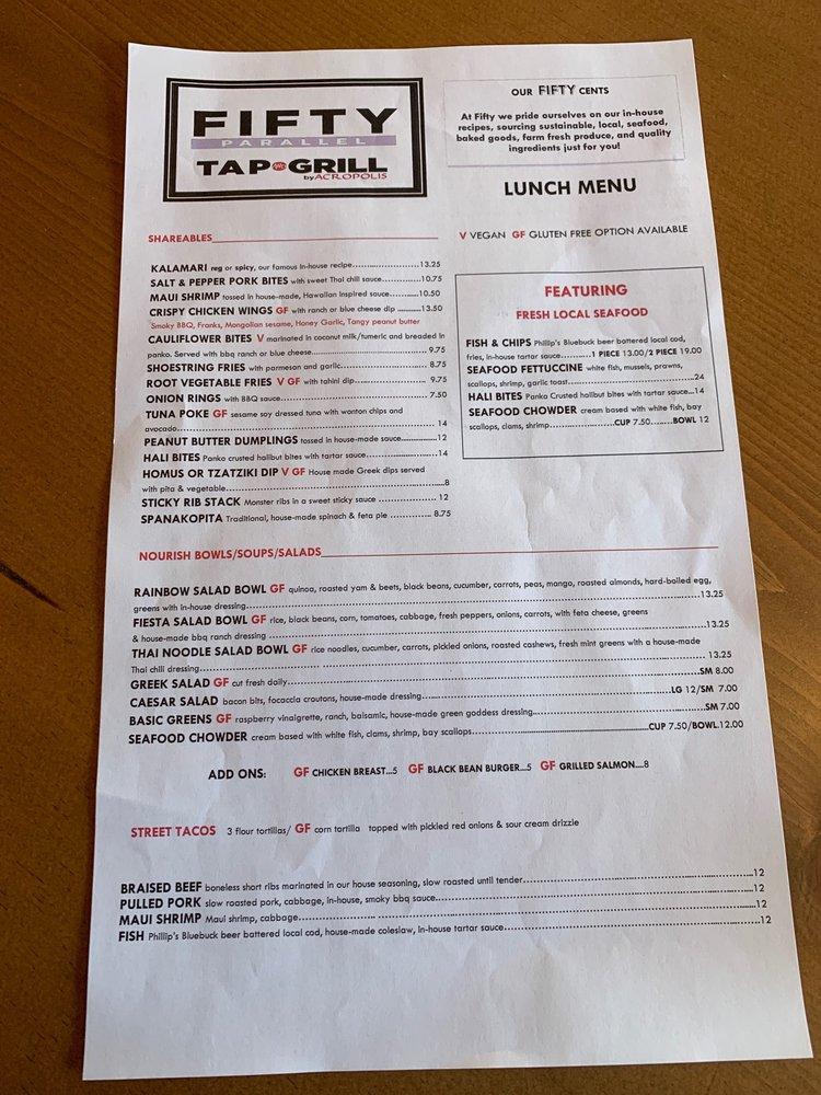 Menu at Fifty Parallel Tap and Grill pub & bar, Campbell River