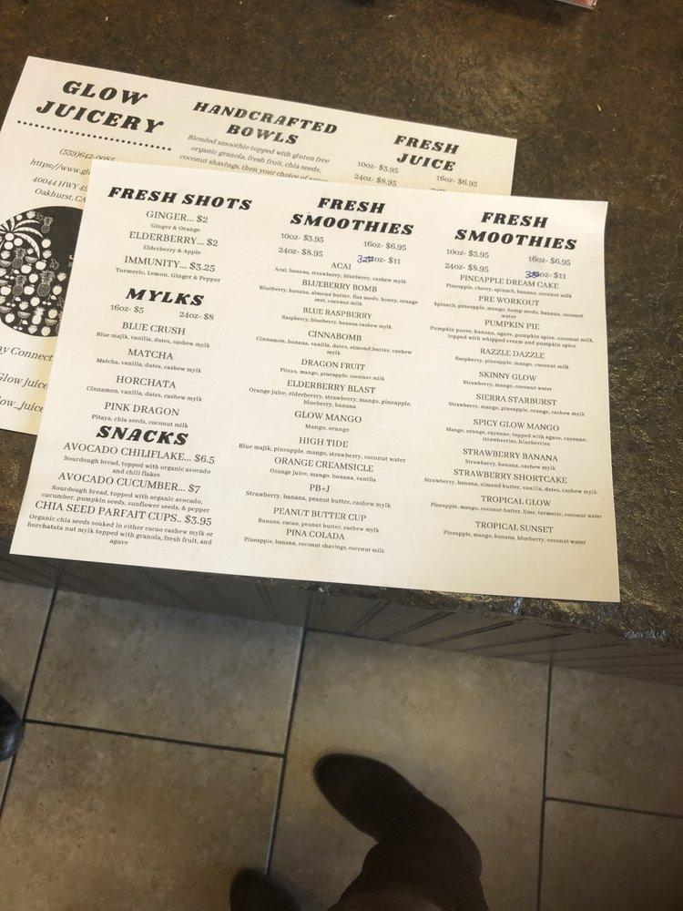Menu at Glow Juicery pub & bar, Oakhurst, Hwy 49