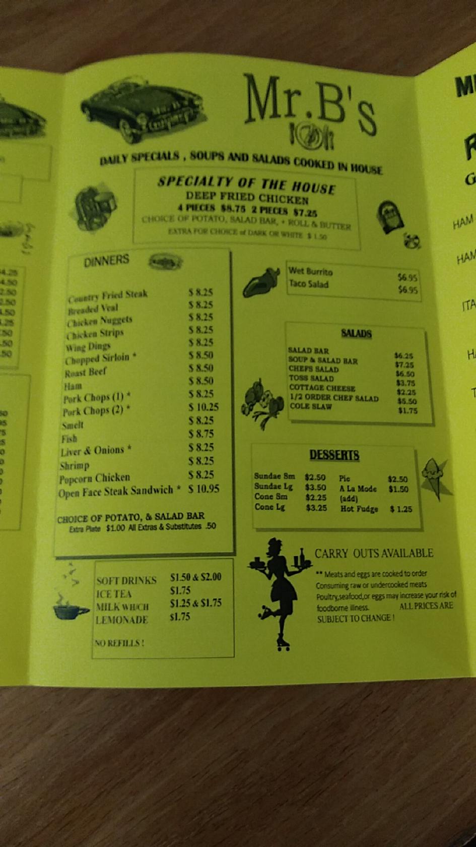 Menu at Mr B's Dairy Bar, LLC, Three Rivers
