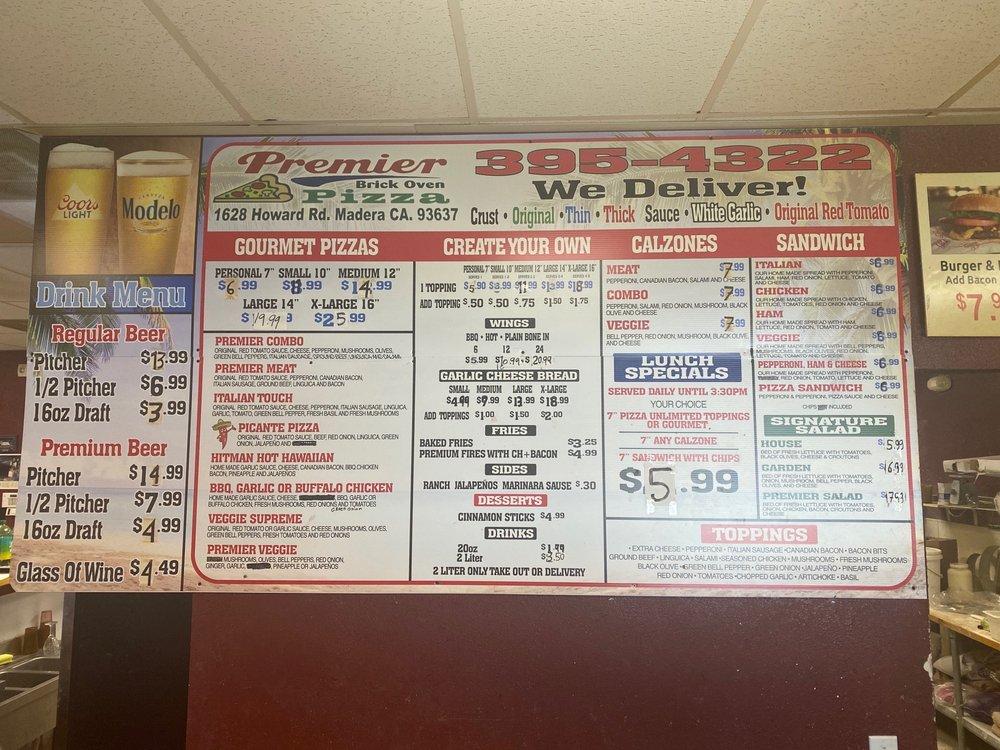 Menu at Premier Brick Oven Pizza pizzeria, Madera