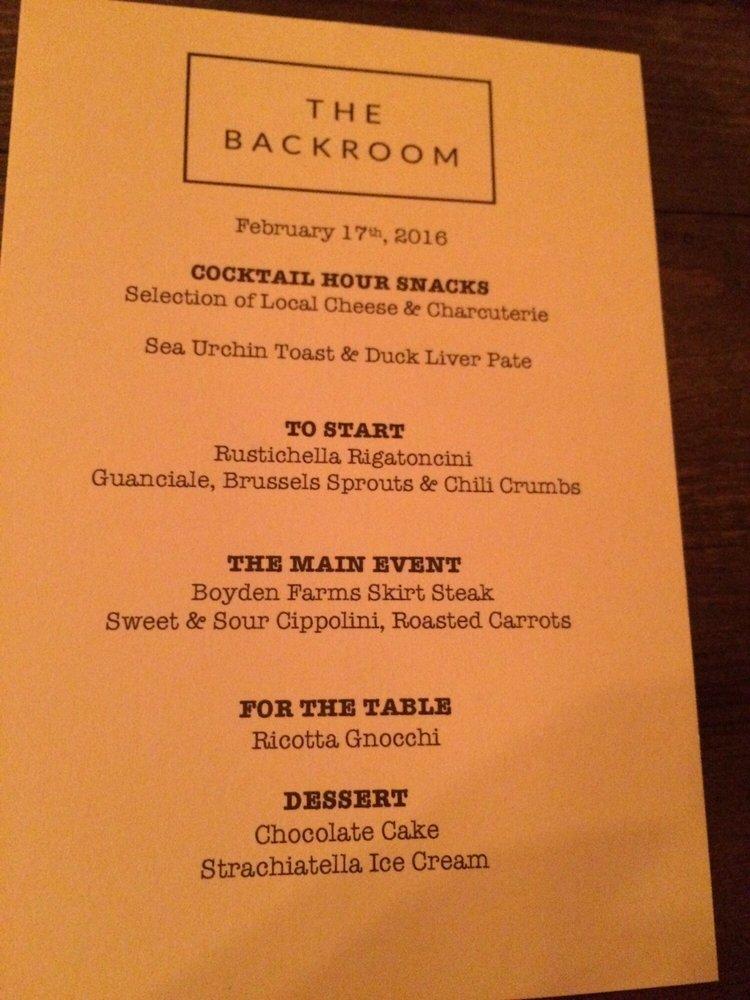 Menu at The Backroom club, Pittsfield, Rt 100