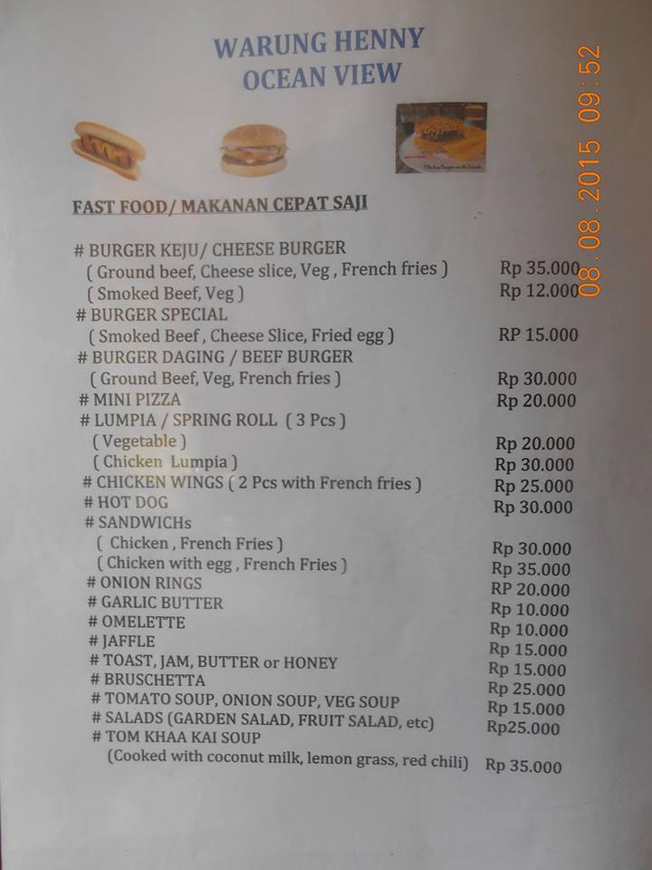 Menu at Warung henny ocean view cafe, Sengkol