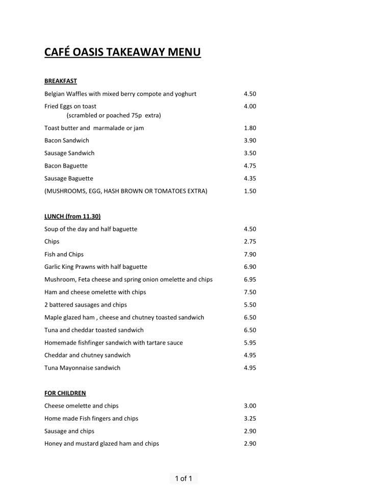 Menu at Cafe Oasis, Weymouth, Overcombe Corner