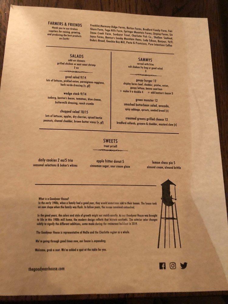 Menu at The Goodyear House pub & bar, Charlotte