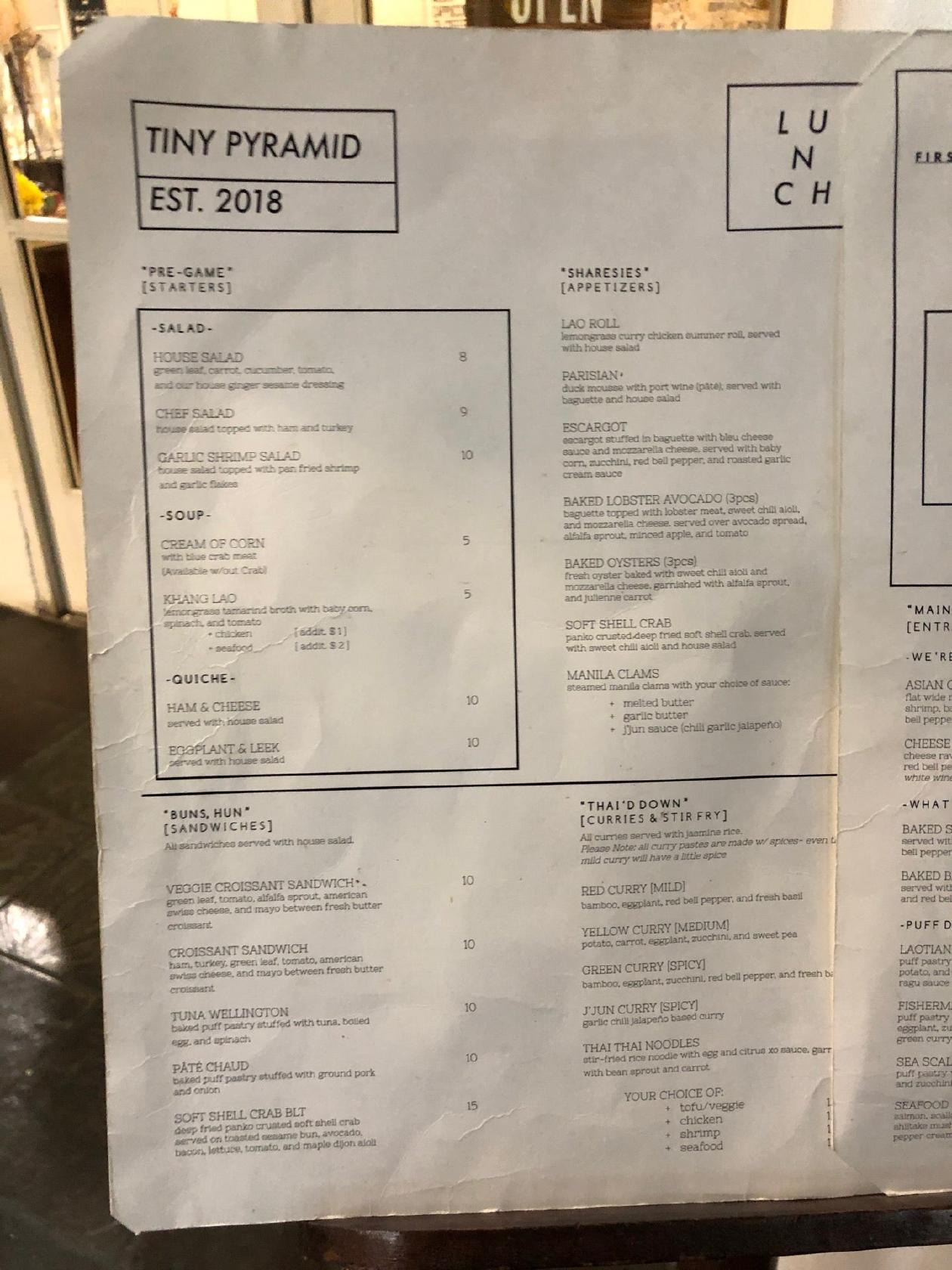 Menu at Tiny Pyramid cafe, Honolulu