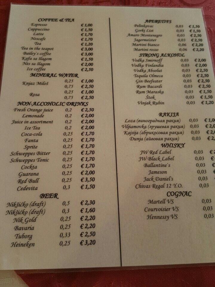 Menu at Atos restaurant, Bečići