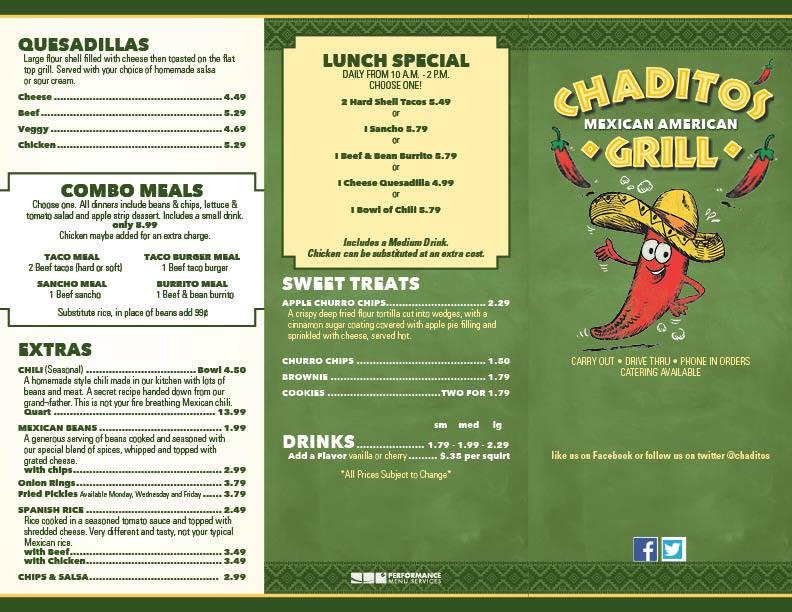 Menu at Chadito's Mexican American Grill restaurant, Springfield, S 6th St