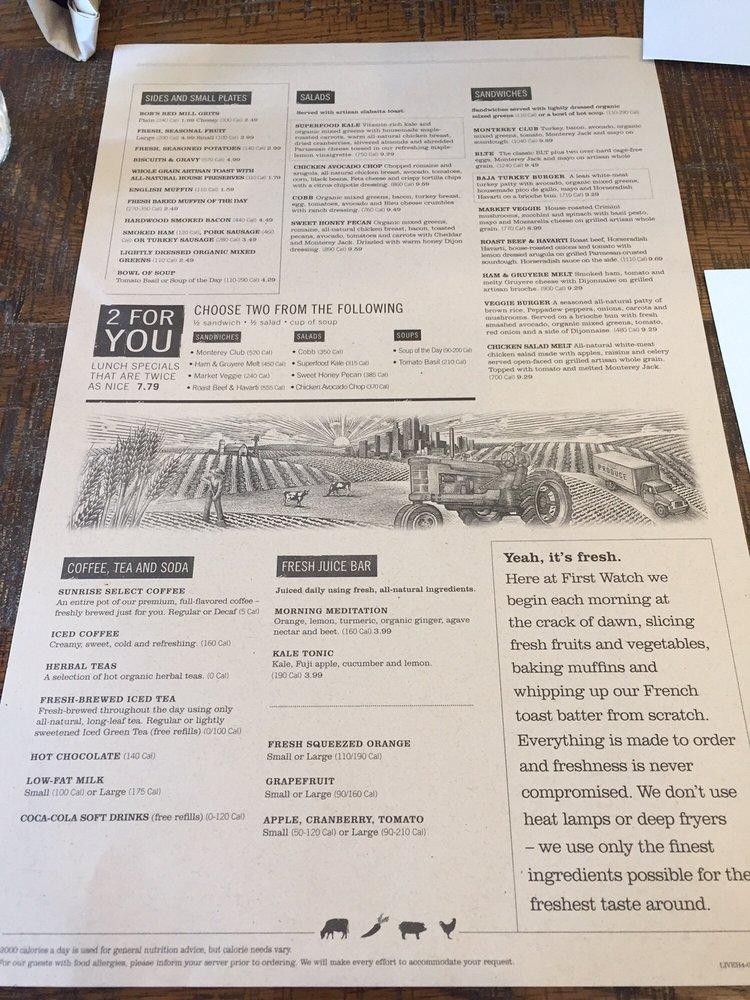 Menu at First Watch cafe, Tucson, E Grant Rd