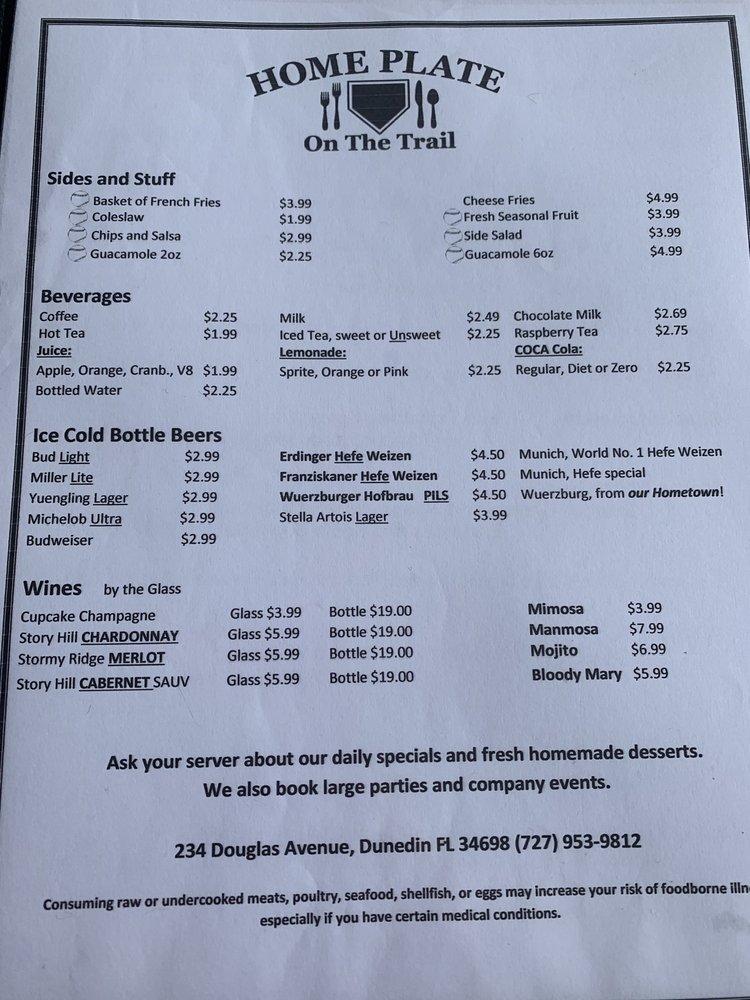 Menu at Home Plate on the Trail Restaurant, Dunedin