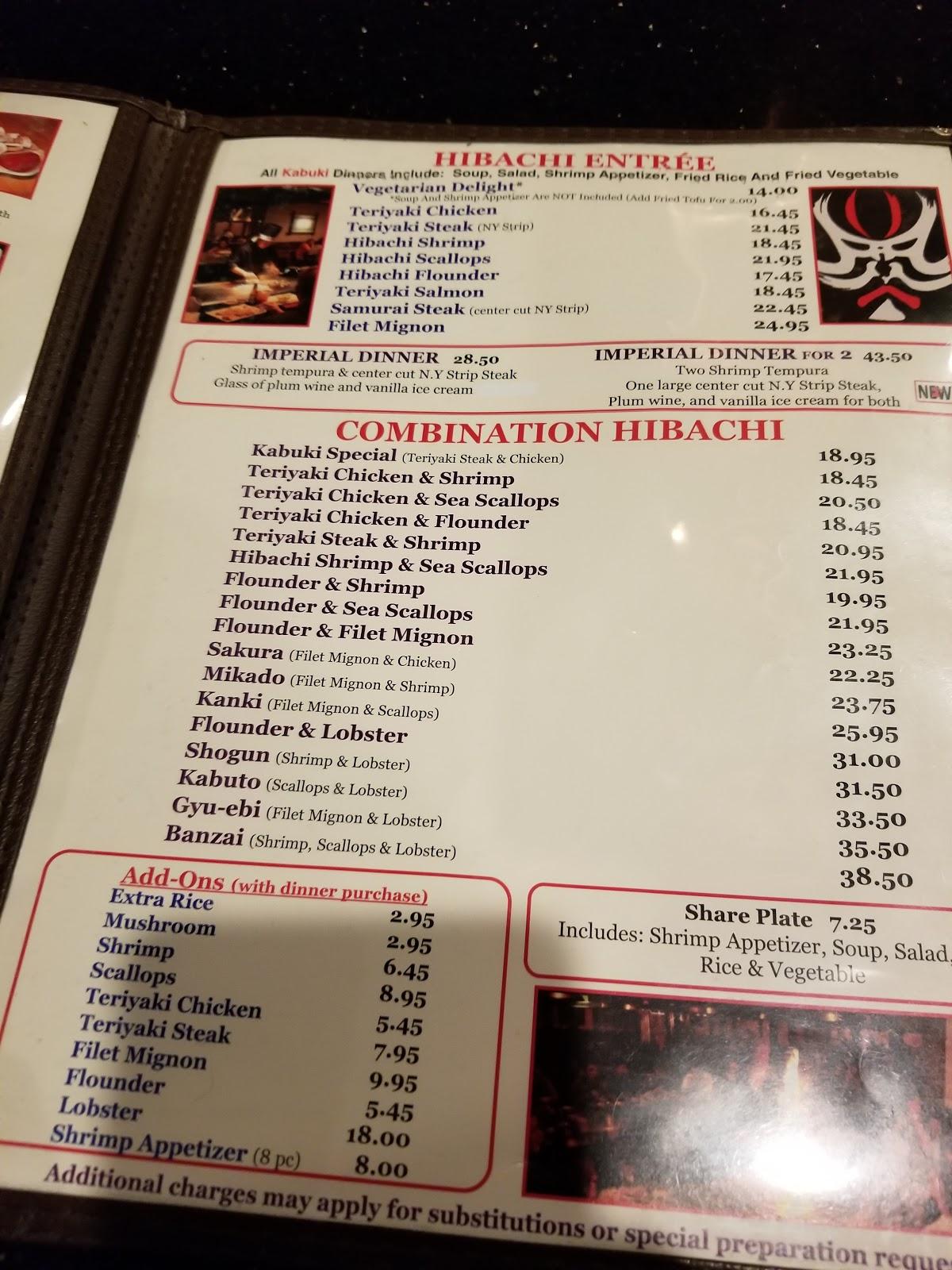 Menu at Kabuki Japanese Steak House restaurant, Roanoke