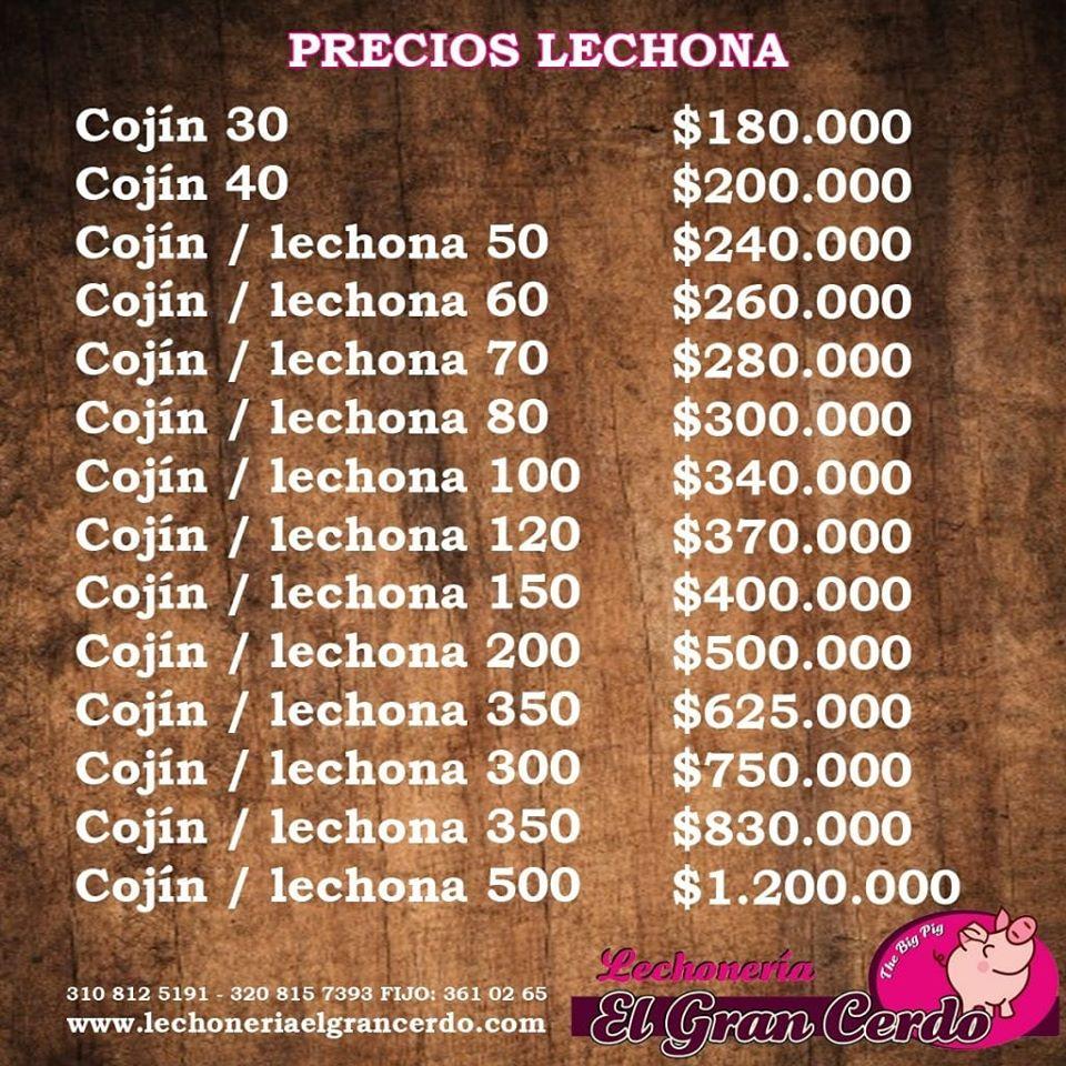 Carta del restaurante Lechoneria el Gran Cerdo, Bogotá