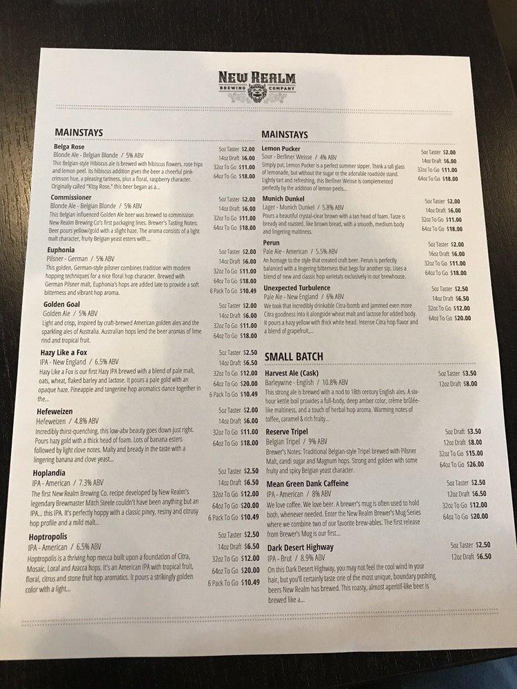 Menu at New Realm Brewing Co. restaurant, Virginia Beach