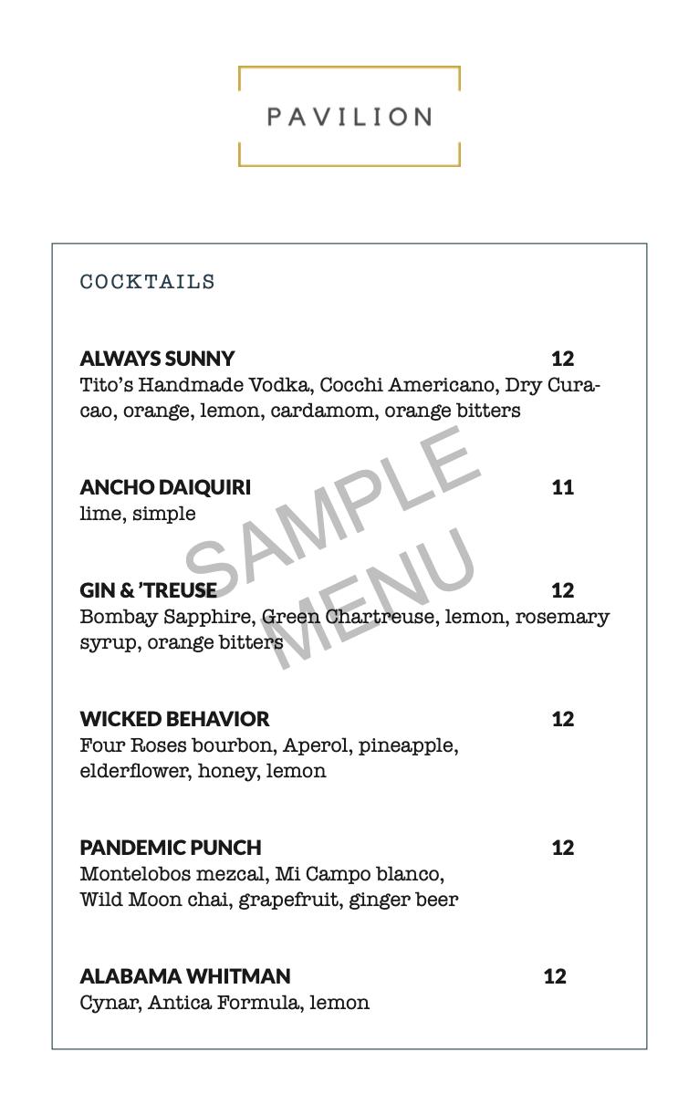 Menu at Pavilion restaurant, Wolfeboro