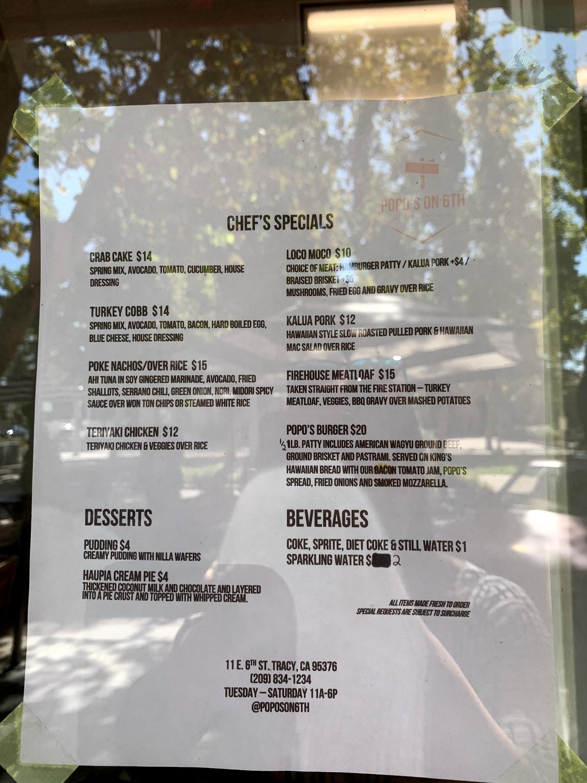 Menu at Popo's on 6th cafe, Tracy
