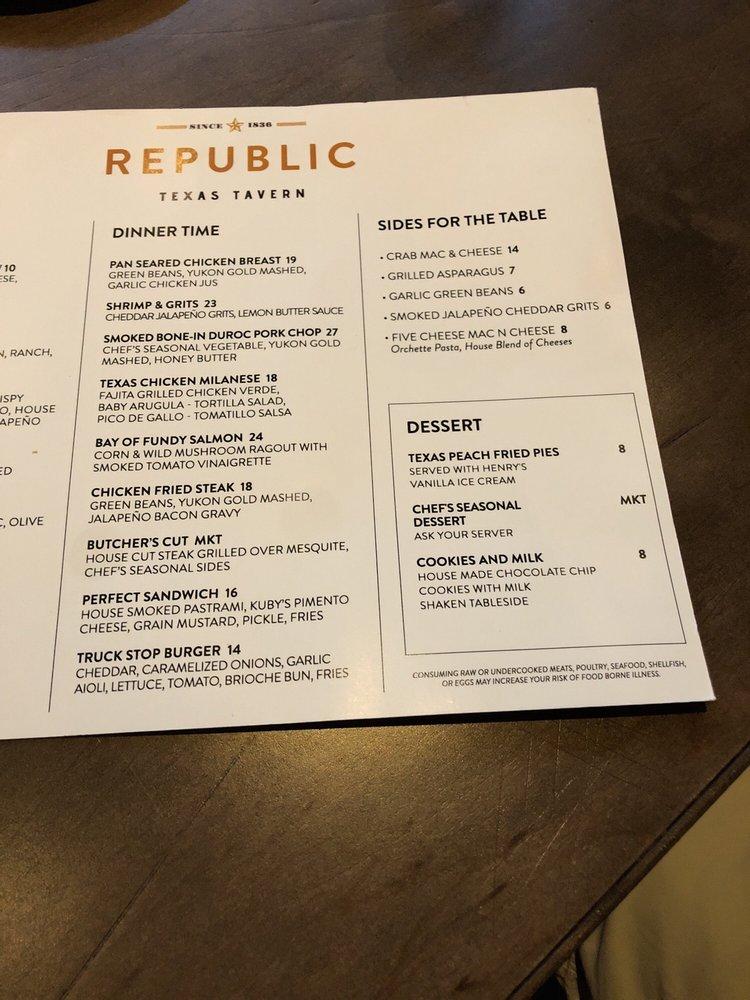 Menu at Republic Texas Tavern, Dallas, Inwood Rd Ste 170