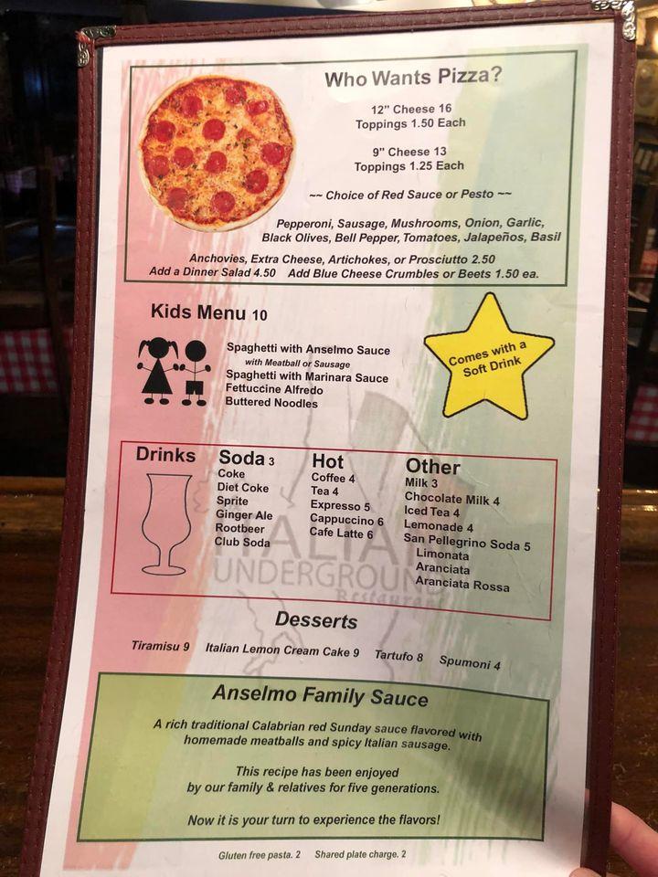 Menu at The Italian Underground Restaurant, Glenwood Springs