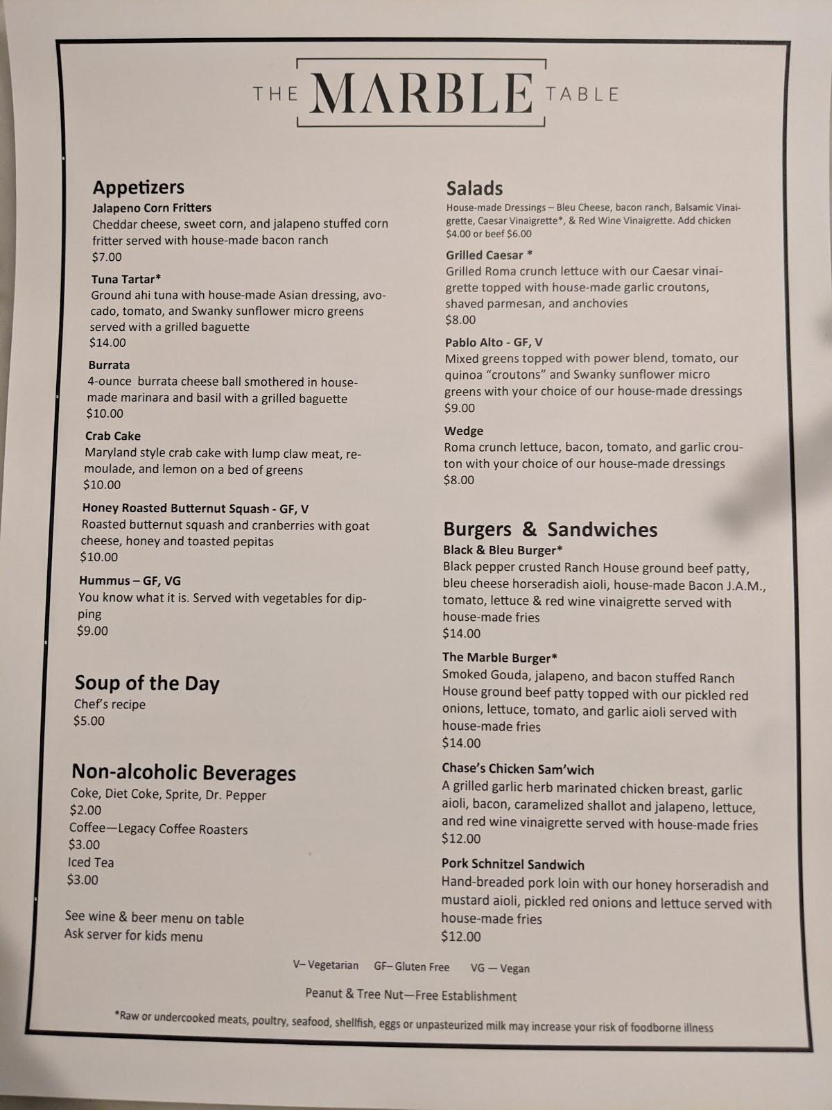 Menu at The Marble Table restaurant, Billings