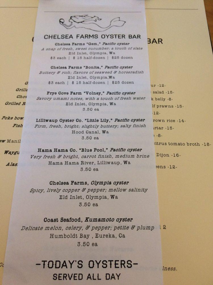 Menu at Chelsea Farms Oyster Bar, Olympia