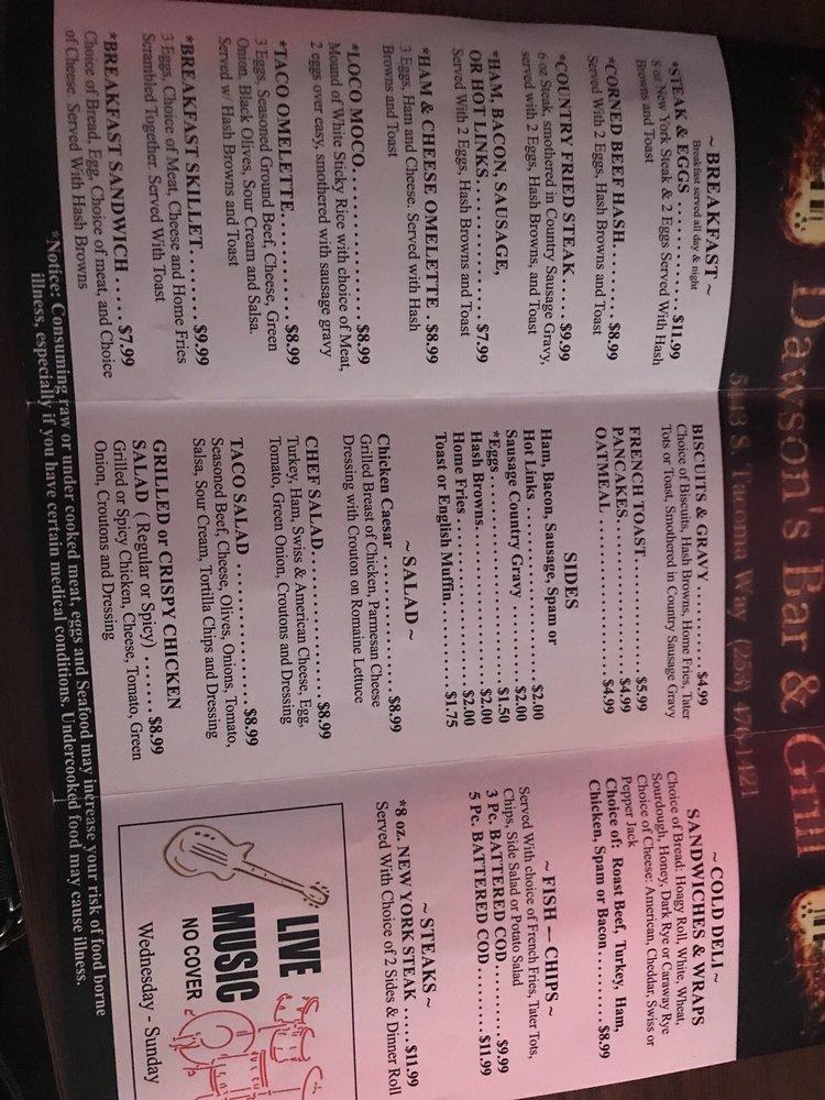 Menu at Dawson's Bar & Grill, Tacoma