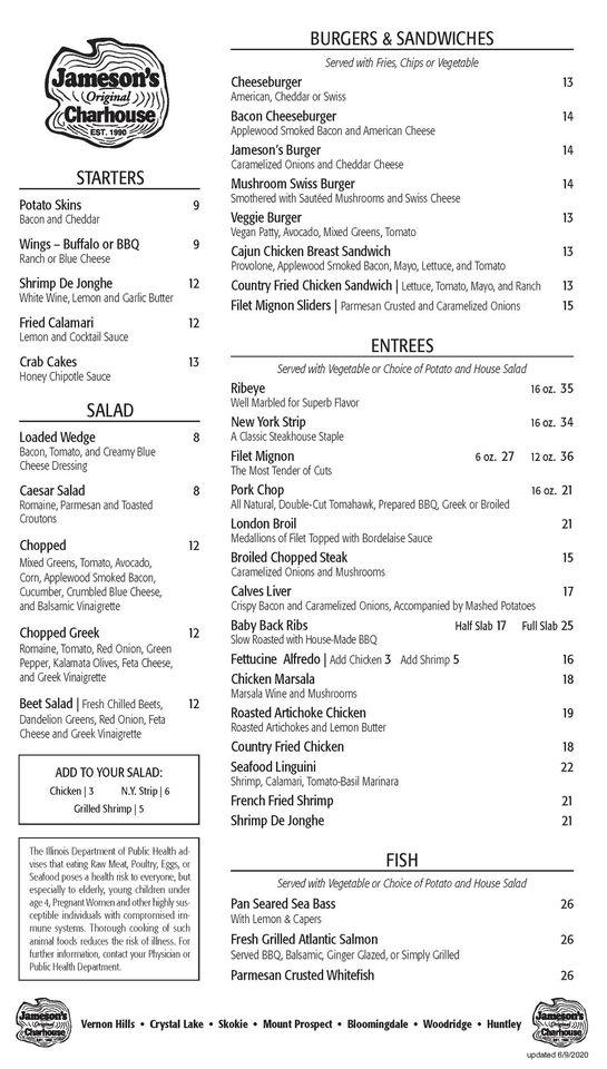Menu at Jameson's Charhouse - Vernon Hills pub & bar, Vernon Hills
