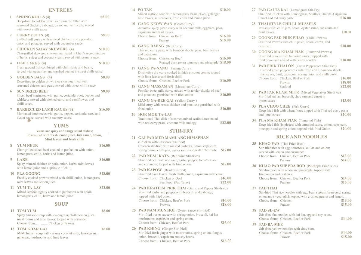 Menu at King & I restaurant, Guildford