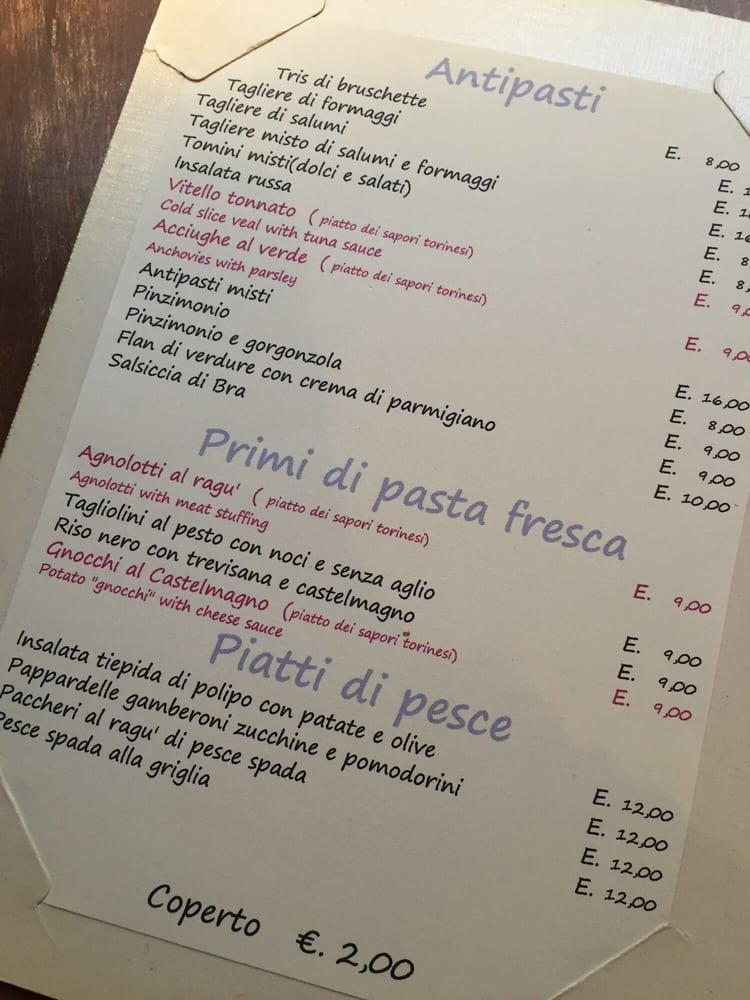 Menu at Locanda da Betty restaurant, Turin