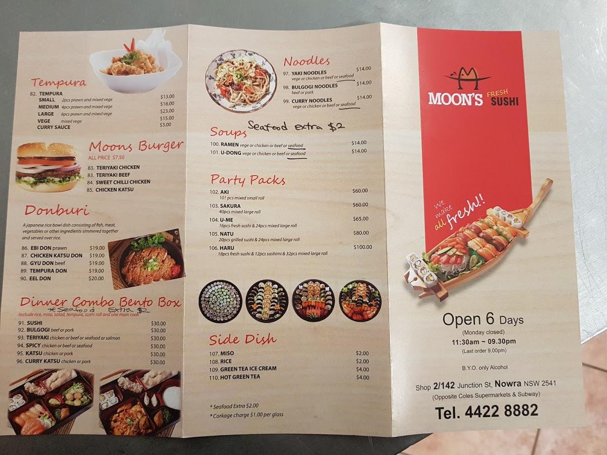 Menu at Moon's Sushi restaurant, Nowra