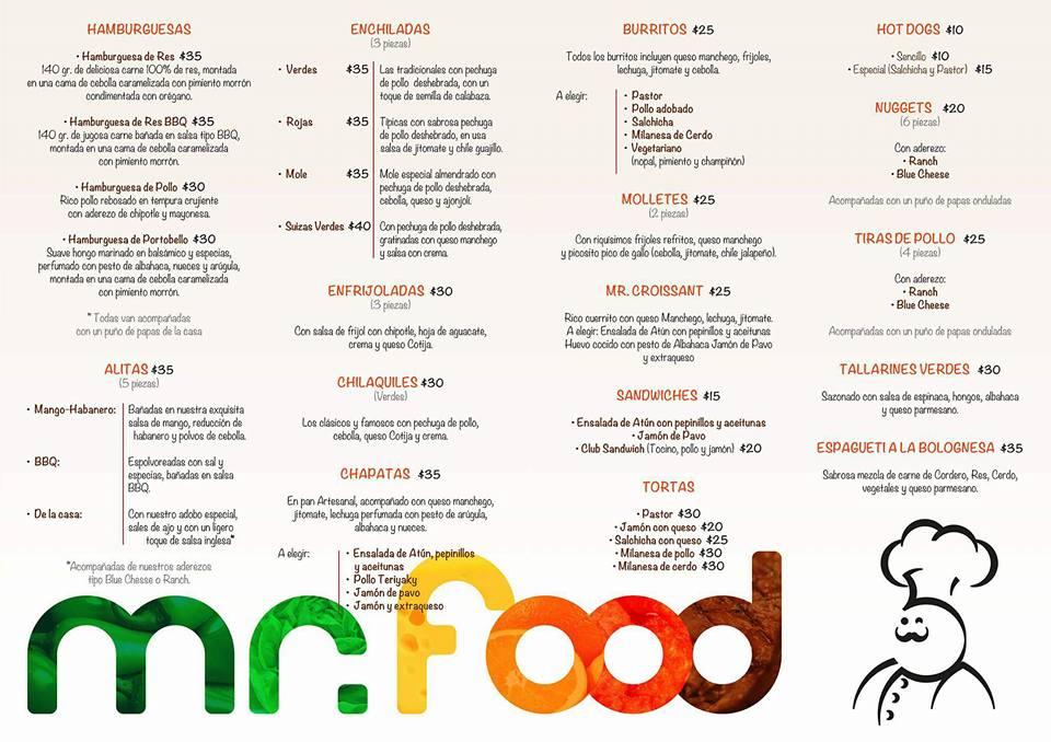 Menu at Mr. Food restaurant, Mexico City