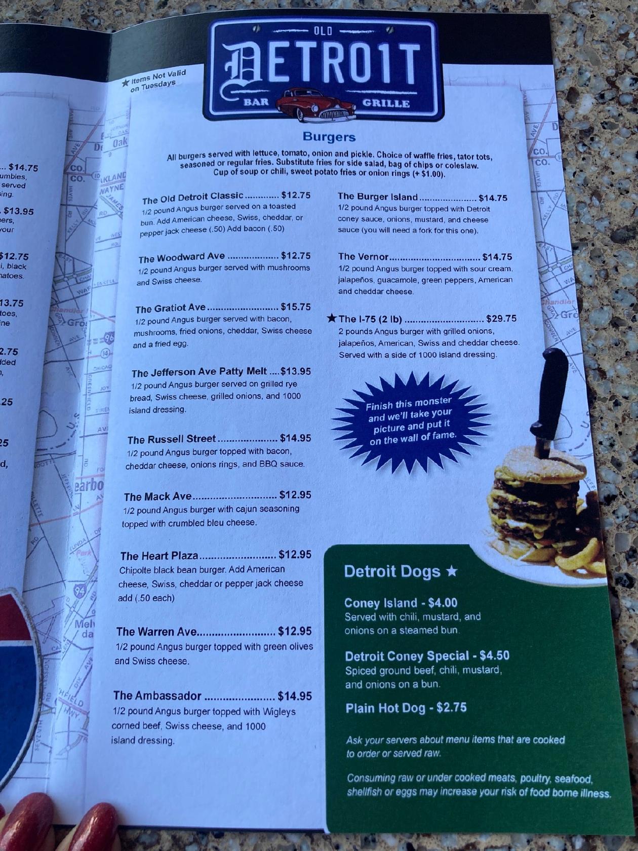 Menu at Old Detroit Burger Bar, Clawson
