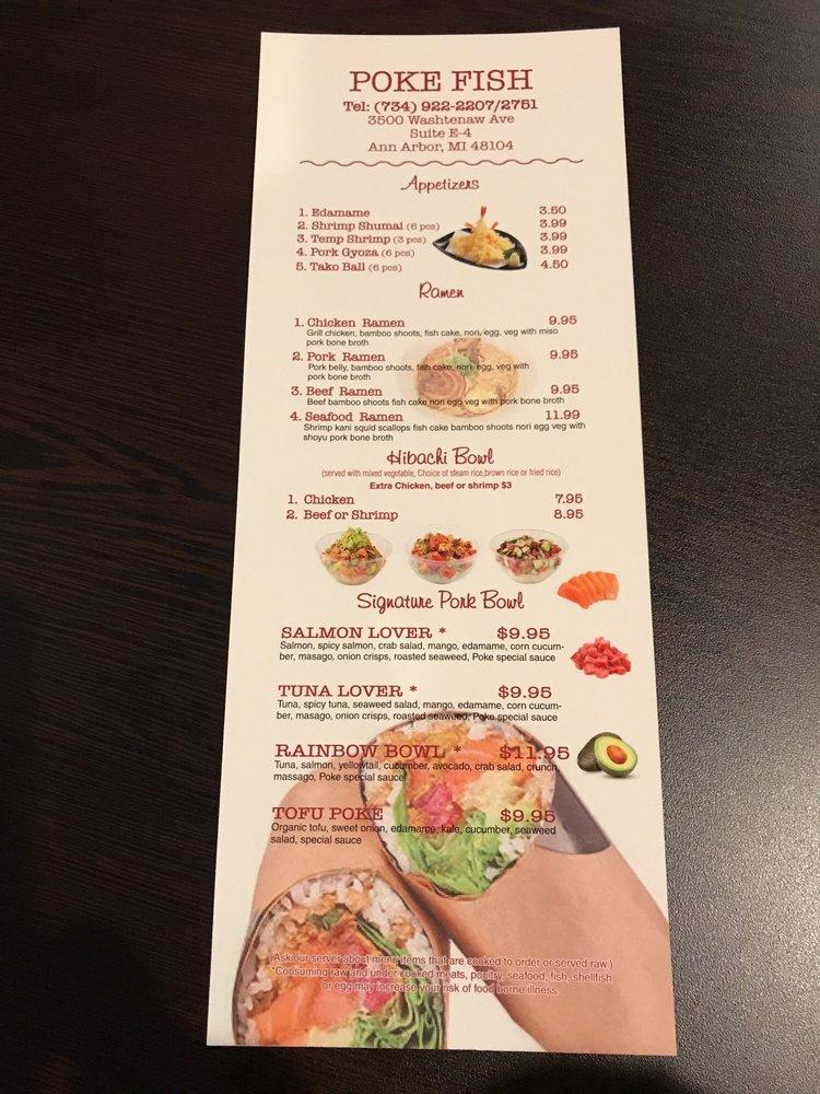 Menu at Poke fish sushi restaurant, Ann Arbor