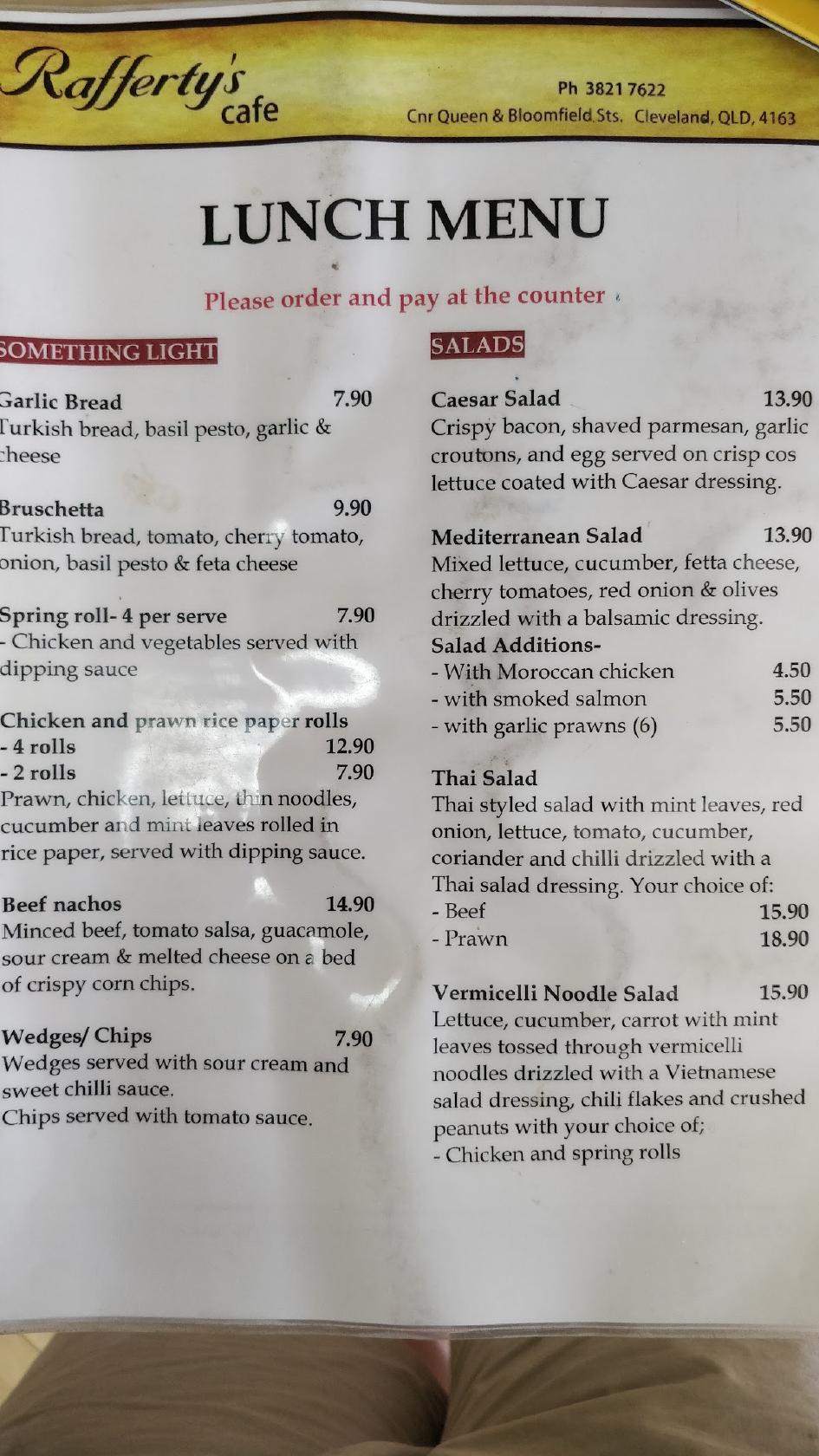 Menu at Raffertys Cafe, Cleveland, Cnr Bloomfield St and