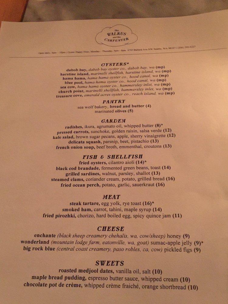 Menu at The Walrus and the Carpenter restaurant, Seattle