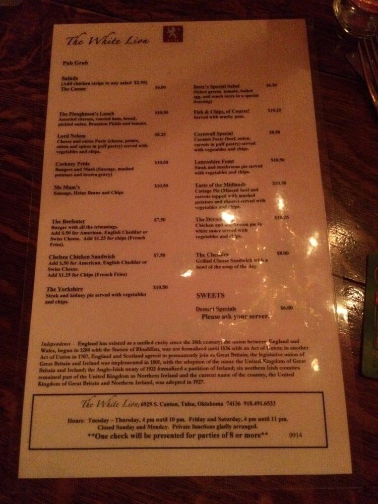 Menu at White Lion Pub, Tulsa, S Canton Ave