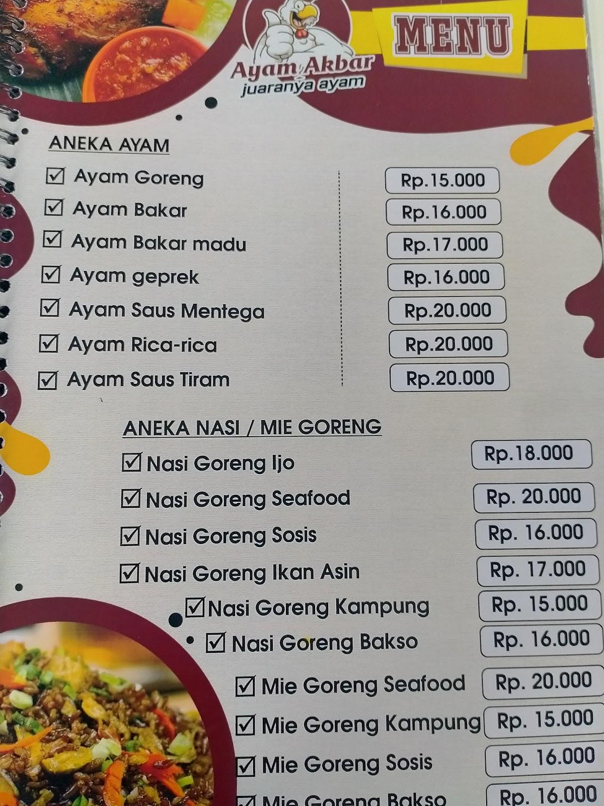 Menu at Ayam Akbar, Koba