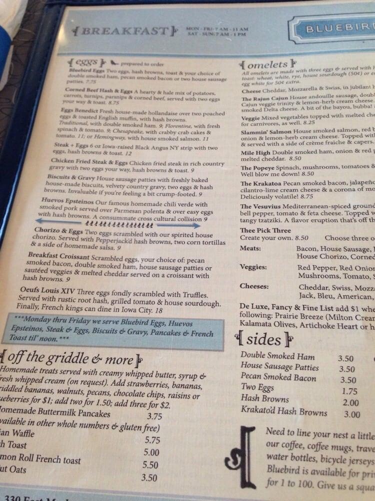 Menu at Bluebird Diner cafe, Iowa City