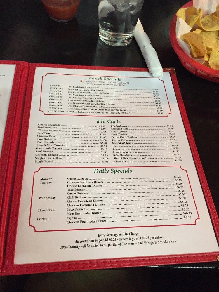 Menu at Chuy's Mexican Restaurant, Fort Worth, Boat Club Rd