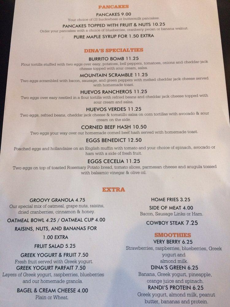 Menu at Dina's restaurant, Ellicottville