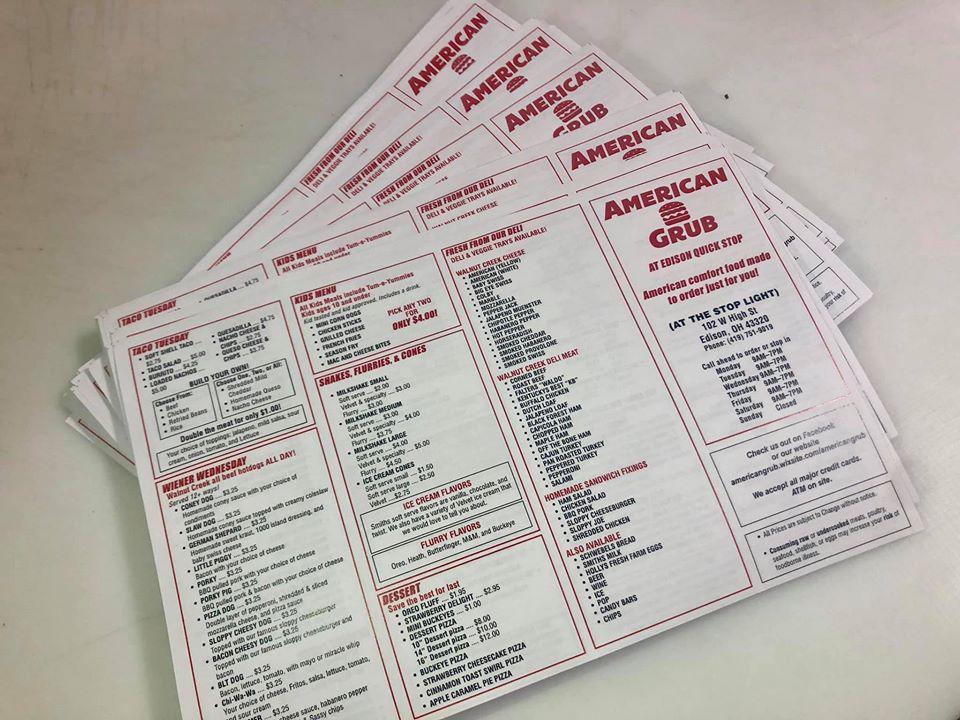Menu at American Grub at the Edison Quick Stop restaurant, Edison