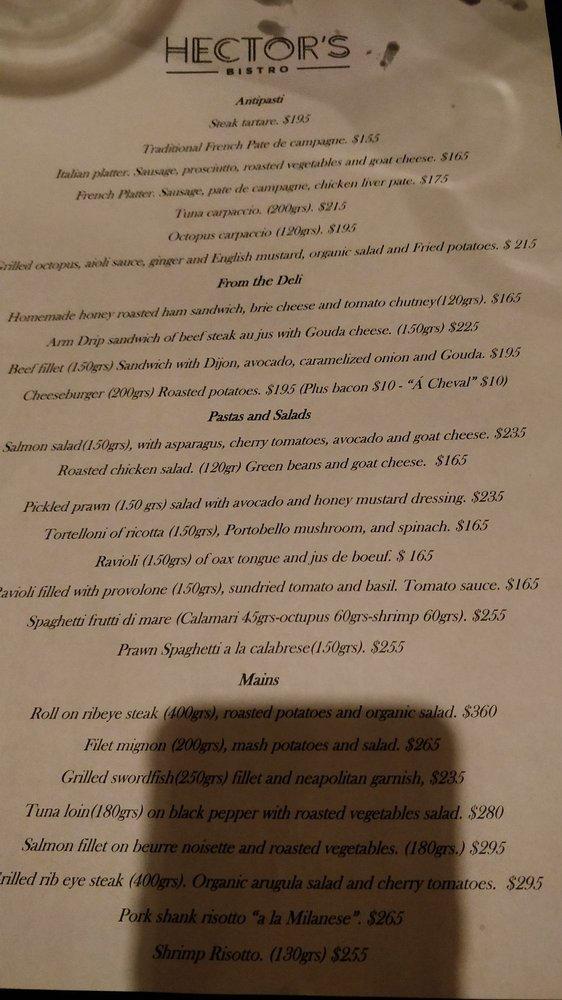 Menu at Hector's Bistro restaurant, Mazatlán