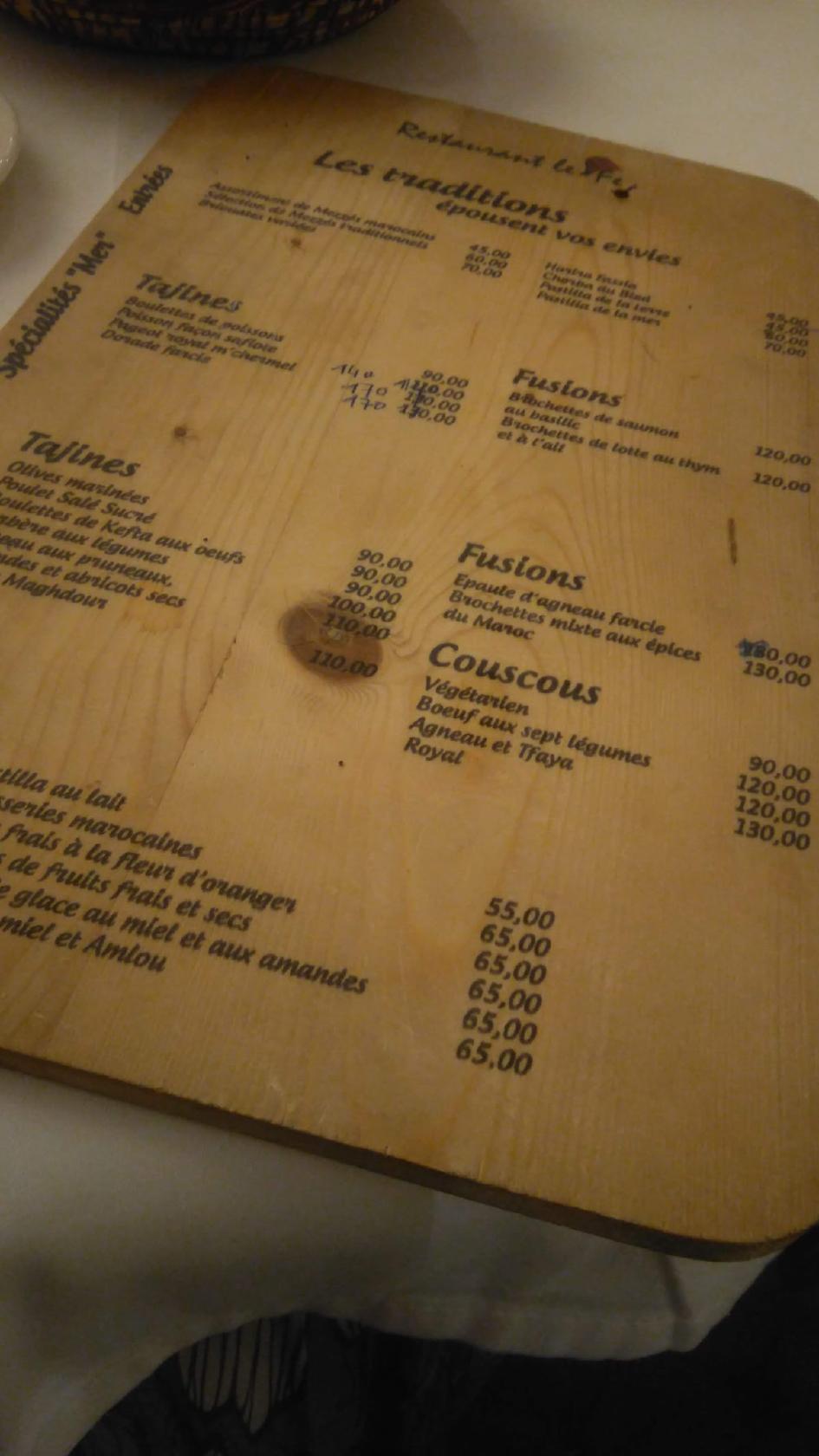 Menu au Le Fez restaurant, Casablanca