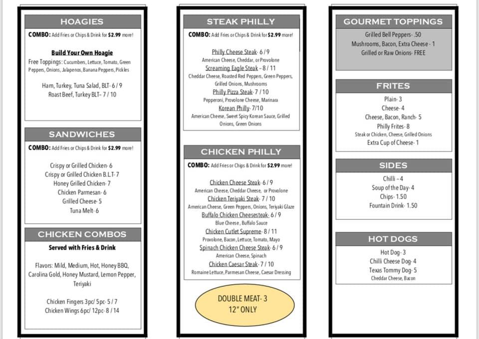 Menu at Philly Special restaurant, Orangeburg