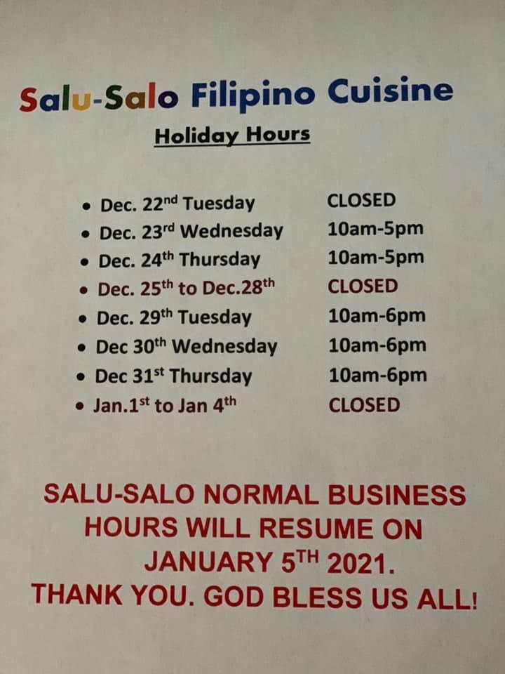 Menu at Salu Salo Filipino Cuisine restaurant, Arlington