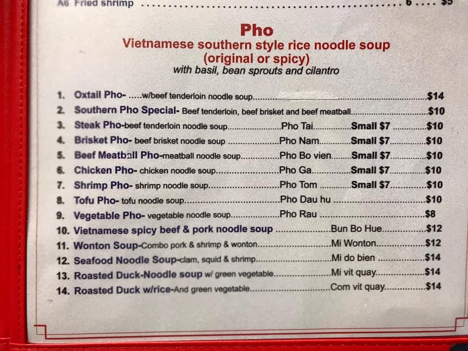 Menu at Southern Pho: Taste of Vietnam restaurant, Bossier City