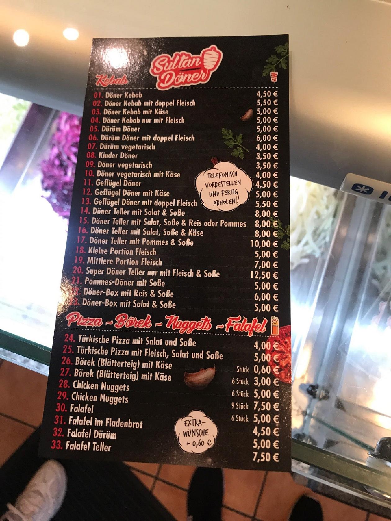Menu at Sultan Döner restaurant, Lübeck, Kurgartenstraße 129