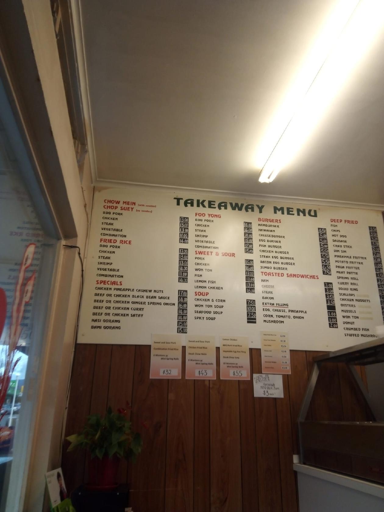 Menu at Sunlong Takeaways fast food, Waikanae