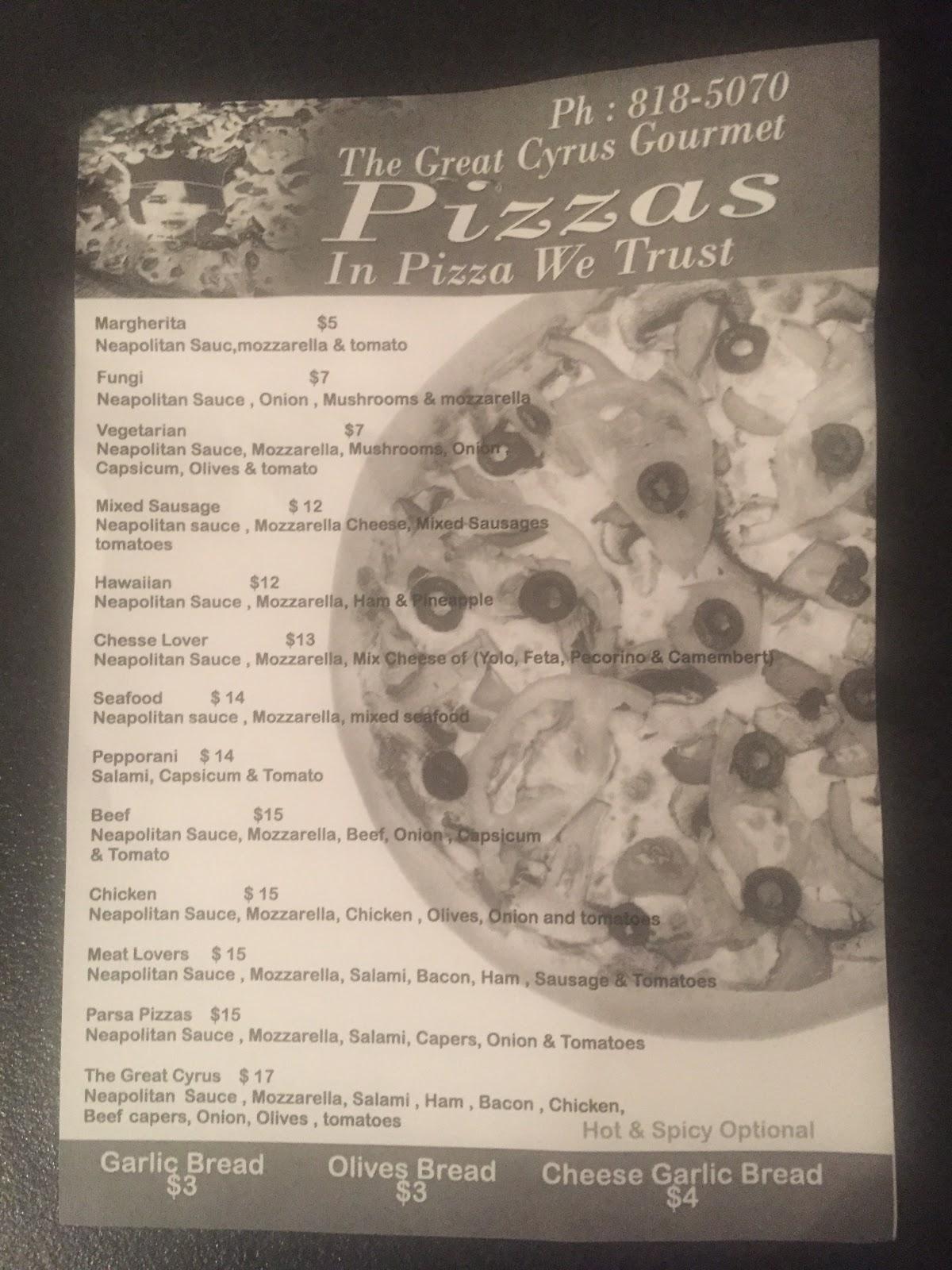 Menu at The Great Cyrus Gourmet Pizzas restaurant, Auckland