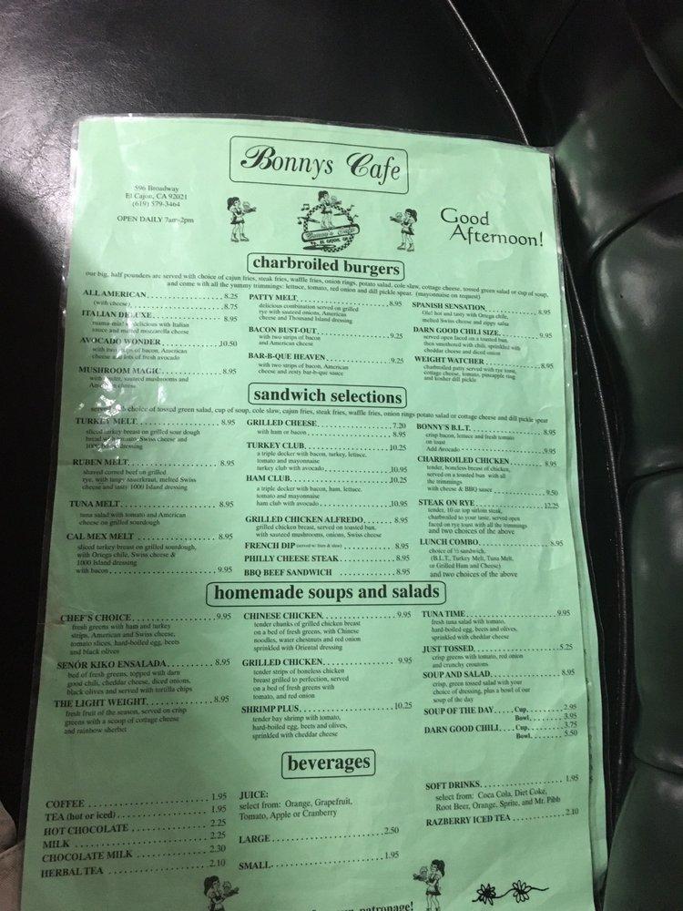 Menu at Bonny's Cafe, El Cajon